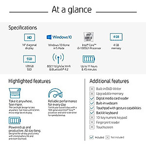 HP 14-Inch Laptop, 10th Gen Intel Core i3-1005G1, 4 GB SDRAM, 128 GB Solid-State Drive, Windows 10 Home in S Mode Black