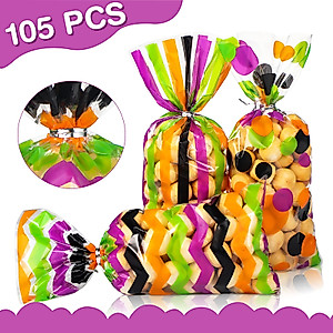 105 Pcs Cellophane Treat Bags, Halloween Themed Trick Polka Dot Stripes Goodie Candy Party Favor Gift Bags with 100 Twist Ties Halloween Decorations for Birthday Party Baby Shower Holiday Fall
