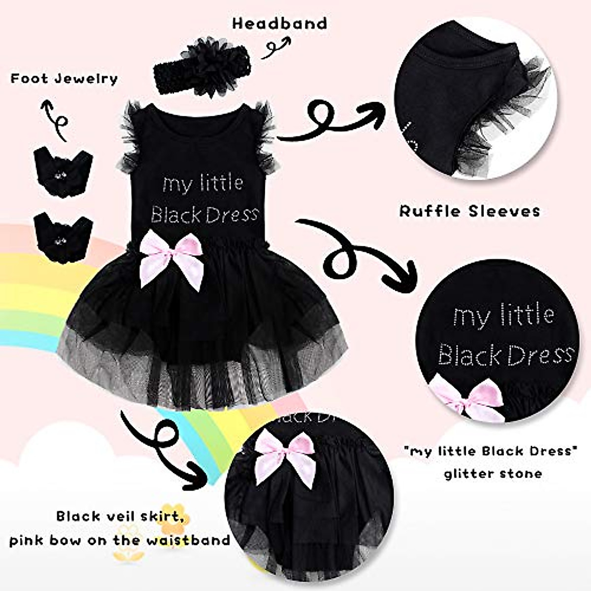 Newborn Bodysuit Baby Girls My Little Black Dress Ruffle Sleeveless Tulle Skirt (0-3 Months)