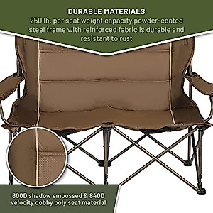 TIMBER RIDGE 2 Person Folding Loveseat Comfortable Double Foldable Camping Chair Folding Lawn Chairs for Outside, Earth Brown