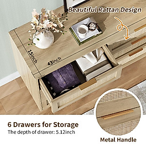 Angel Sar Rattan Dresser for Bedroom, 6 Drawer Wide Dresser, Boho&Farmhouse Chest of Drawers, 43" Clothes Storage Cabinet, Metal Handle&Wood Legs for Hallway, Living Room, Bedroom, Wood