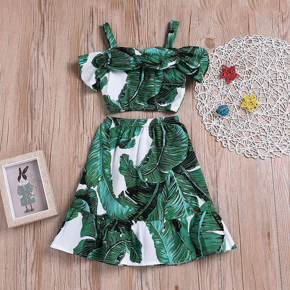 BOEBNOZCV Toddler Baby Girl Strap Banana Leaf Print Strappy Cold Shoulder Cropped Top + Long Skirts Outfits Clothes Set (Banana Leaf, 7T)