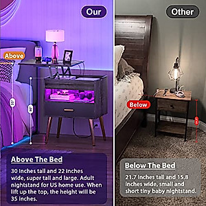 Cyclysio 35 Inches Nightstand with Reversible Lift Top, Large Night Stand with LED Lights, Tall Bedside Table with Charging Station, High End Side Table for Bedroom, Sofa Side, Living Room, Grey