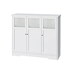 FOTOSOK Display Floor Cabinets with 3 Glass Doors For Storage, 15.75" D x 43" W x 37.5" H, Sideboard Buffet / Coffee Bar Cabinet for Kitchen, Dining Room, Living Room White