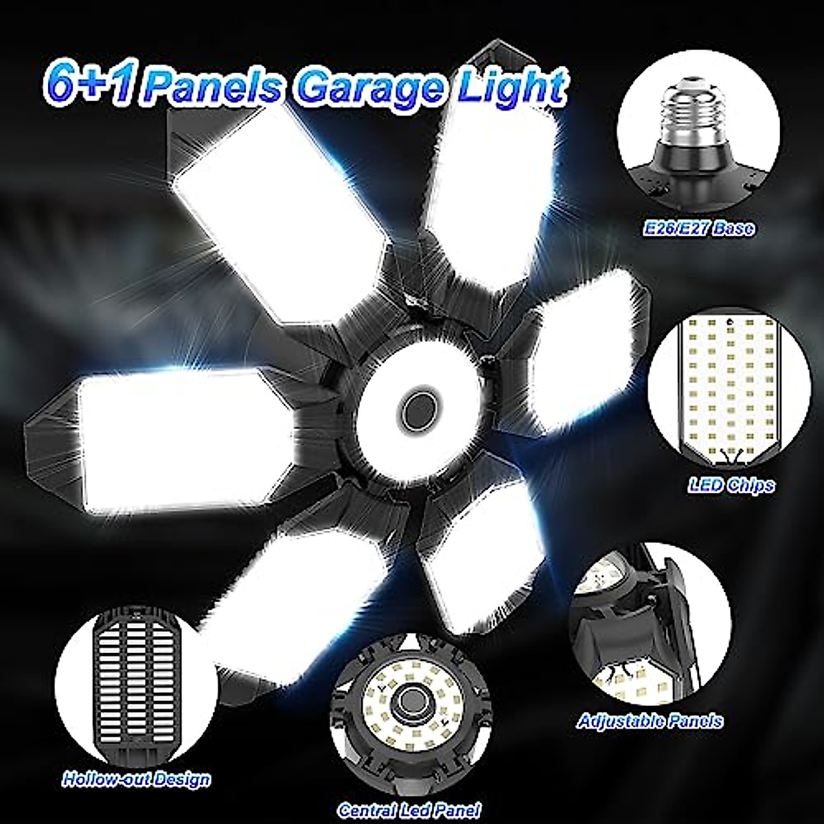 LED Garage Lights 120W LED Shop Light with 6 Ultra Bright Adjustable Panels Led Lights for Garage Light Deformable Ceiling Lights for Garage Attic Basement E26 E27 Base