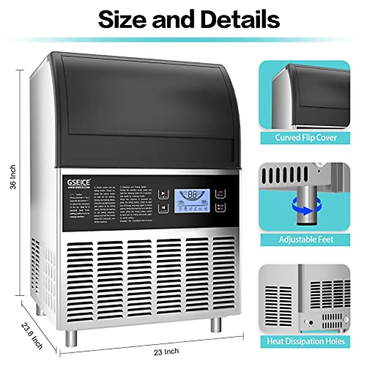 GSEICE Commercial Ice Maker Machine,440lbs/24H with 80lbs Ice Storage Capacity, 24” Air Cooled Freestanding Ice Machine, Automatic Operation Self Clean Ice Cube Maker for Home Office Bar Restaurant