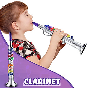 Set of 3 Saxophone for Kids Musical Instruments Toy Saxophone Toy Trumpet and Toy Clarinet with 8 Colored Coded Keys Teaching Songs for Toddlers Children (Silver)