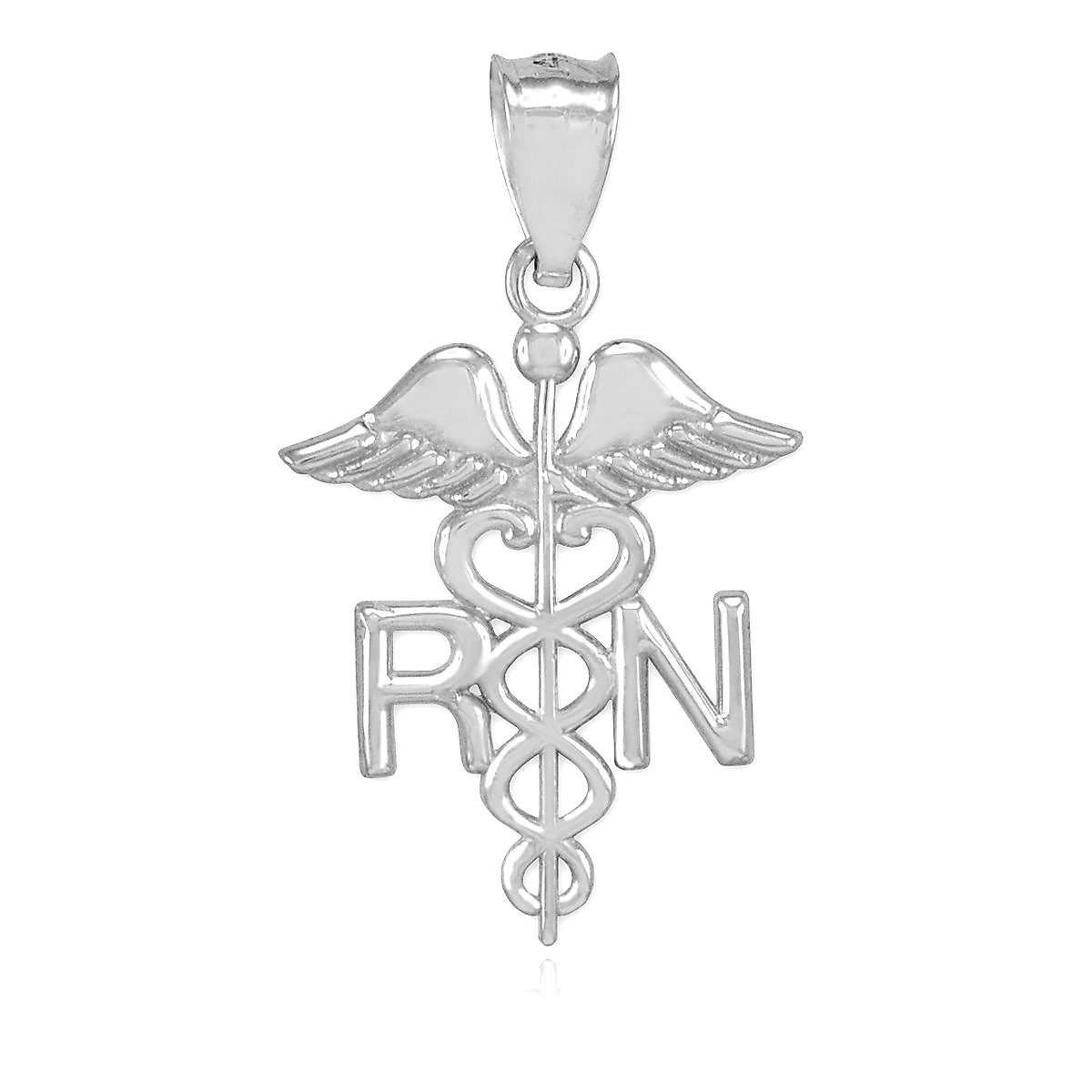 American Heroes Polished 10k White Gold Caduceus RN Charm Registered Nurse Pendant Necklace, 18"