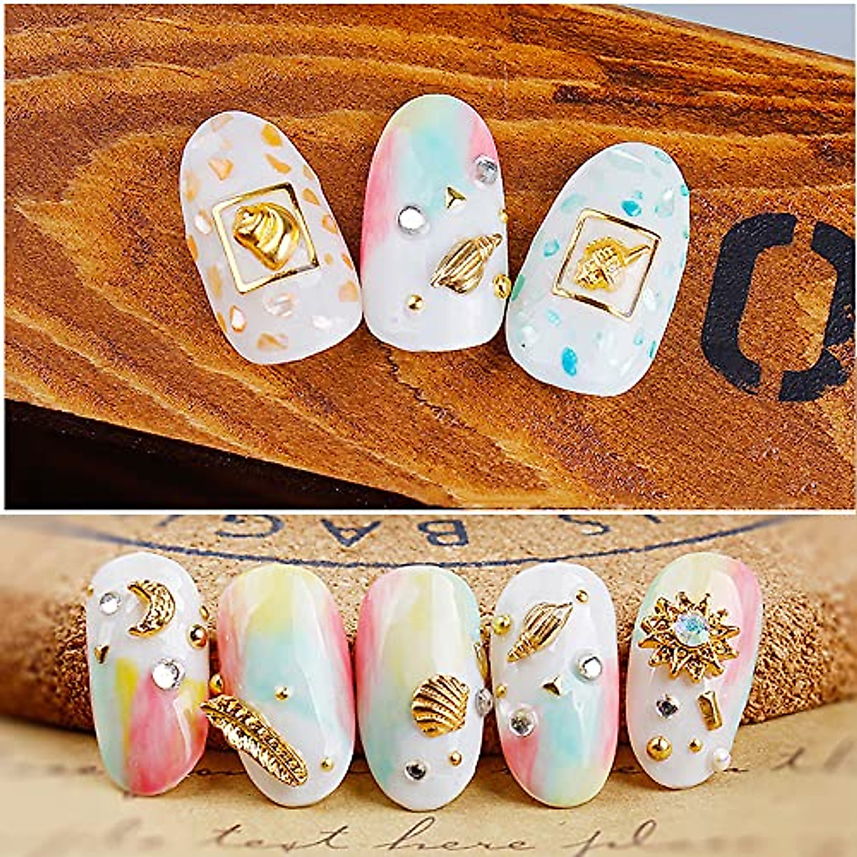 12Styles Nail Art Metal Studs Gold Metallic 3D Pieces Rivet Palm Tree Turtles Marine Life Charms for Summer Beach Ocean Manicure DIY Acrylic Nails Design Supply (Gold Ocean Studs)