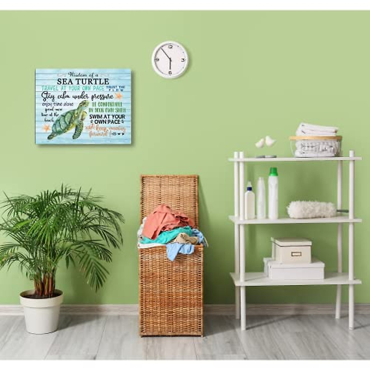 Creoate Bathroom Picture Wall Decor, Framed Wisdom Sea Turtle Green Canvas Art Motivational Artwork for Home Bathroom Wall Art, 12x15 Inches