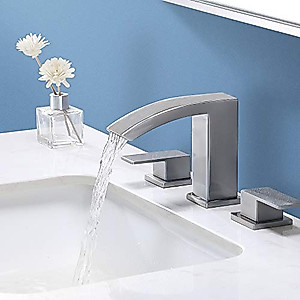 Friho Modern Widespread 3 Hole Waterfall Brushed Nickel Bathroom Faucet, Extra Large Rectangular Spout 8 inch Bathroom Vanity Sink Faucet with Pop Up Drain and Supply Lines