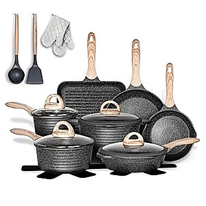 JEETEE Pots and Pans Set Nonstick 20PCS, Granite Coating Cookware Sets Induction Compatible with Frying Pan, Saucepan, Sauté Pan, Grill Pan, Cooking Pots, PFOA Free, (Grey, 20pcs Cookware Set)