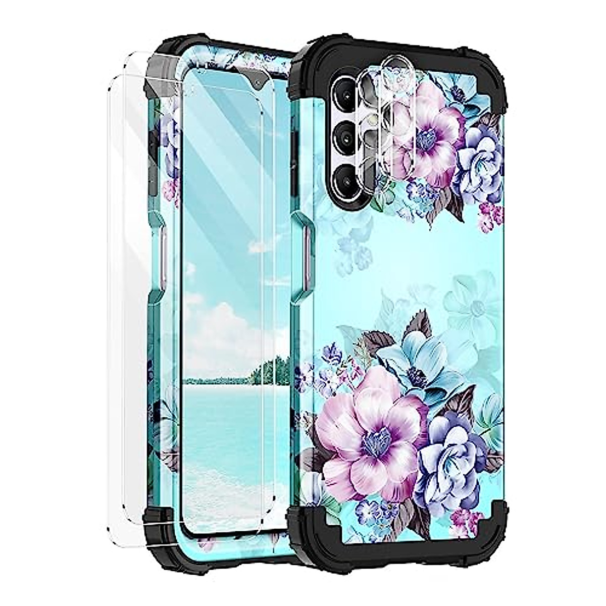 Casetego for Galaxy A14 5G Case,[2 Pack Tempered Screen Protector+2 Pack Camera Lens Protector],Floral Three Layer Heavy Duty Sturdy Shockproof Full Body Protective Case for Samsung A14,Blue Flower