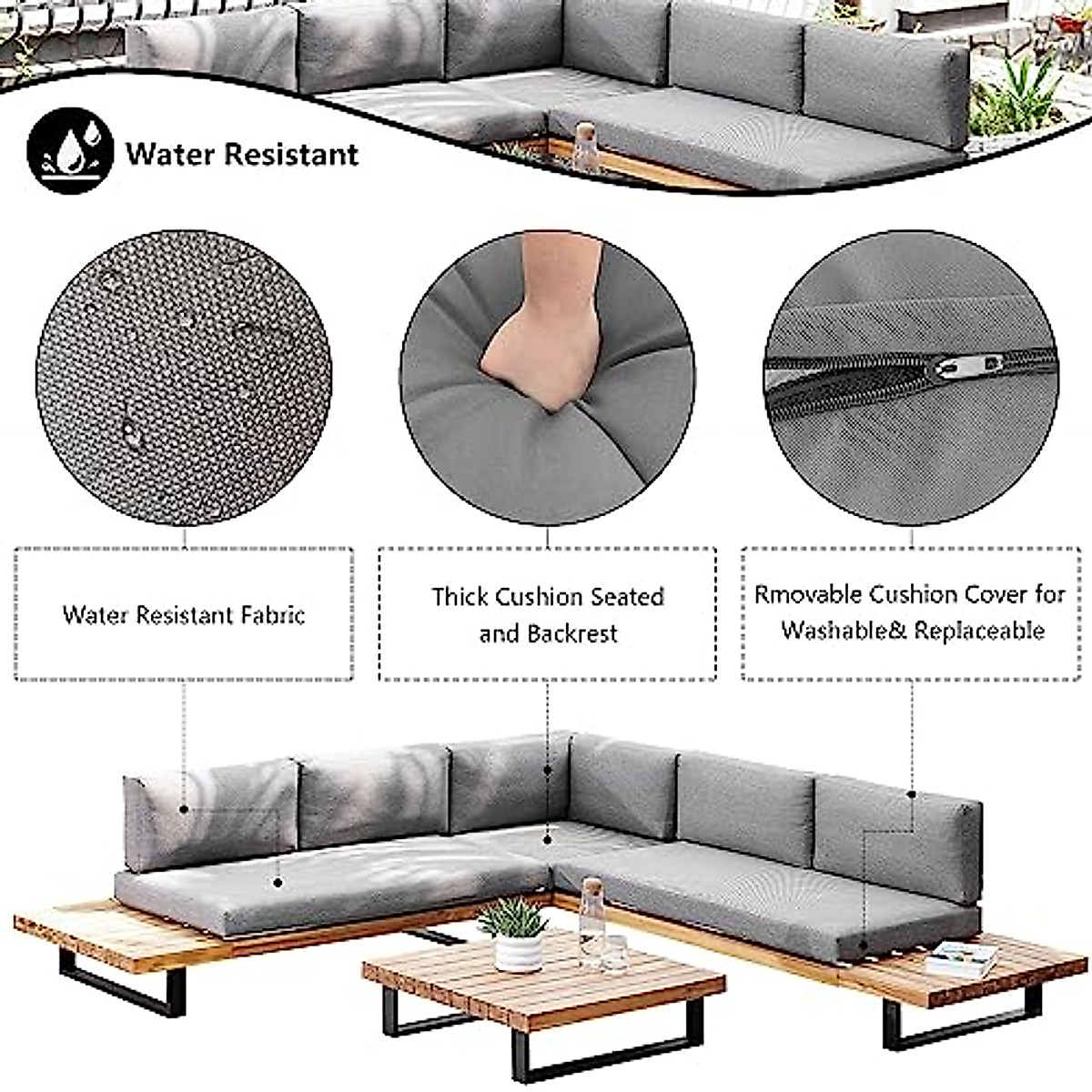 Homedot Patio Sofa Set with Metal Frame, Extra Large L Shaped Outdoor Sectional Sofa Set with Built-in Side Table, Modern Patio Conversation Set with Coffee Table&Removable Cushion for Garden
