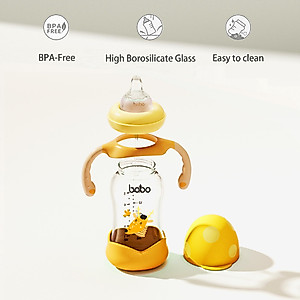 YOHKOH Natural Glass Baby Bottle with Natural Response Nipple, Wide Neck Baby Bottles with Handle, Newborn Anti-Colic Baby Bottles Gift Set, Clear (5.4oz (Pack of 2), Yellow)