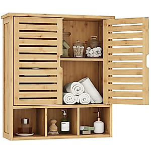 FORABAMB Bathroom Wall Cabinet Wood Medicine Cabinets with 2 Doors & Adjustable Shelves Over The Toilet Storage Cabinet with 3 Compartments Wall Mounted Storage Organizer for Kitchen Laundry Room