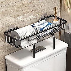 24HOCL Bathroom Organizer Over The Toilet Storage Shelf, Storage Organizer Shelves for Organizing Paper Towels shampoos, No Drilling Space Saver with Wall Mounting Design Adhesive Base, Black