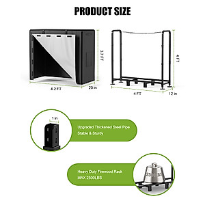 Brightown Firewood Rack Outdoor with Cover, 4FT Indoor Wood Rack for Firewood, Waterproof Fire Wood Holder Outside, Adjustable Heavy Duty Logs Stand Stacker Holder for Fireplace Patio Deck, Black