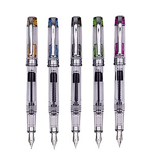 Lanxivi 5 PCS Yongsheng 3003 Fountain Pen Set Demonstrator Transparent Fine Nib with Ink Refill Converter, Perfect for Signature, School, Executive Business