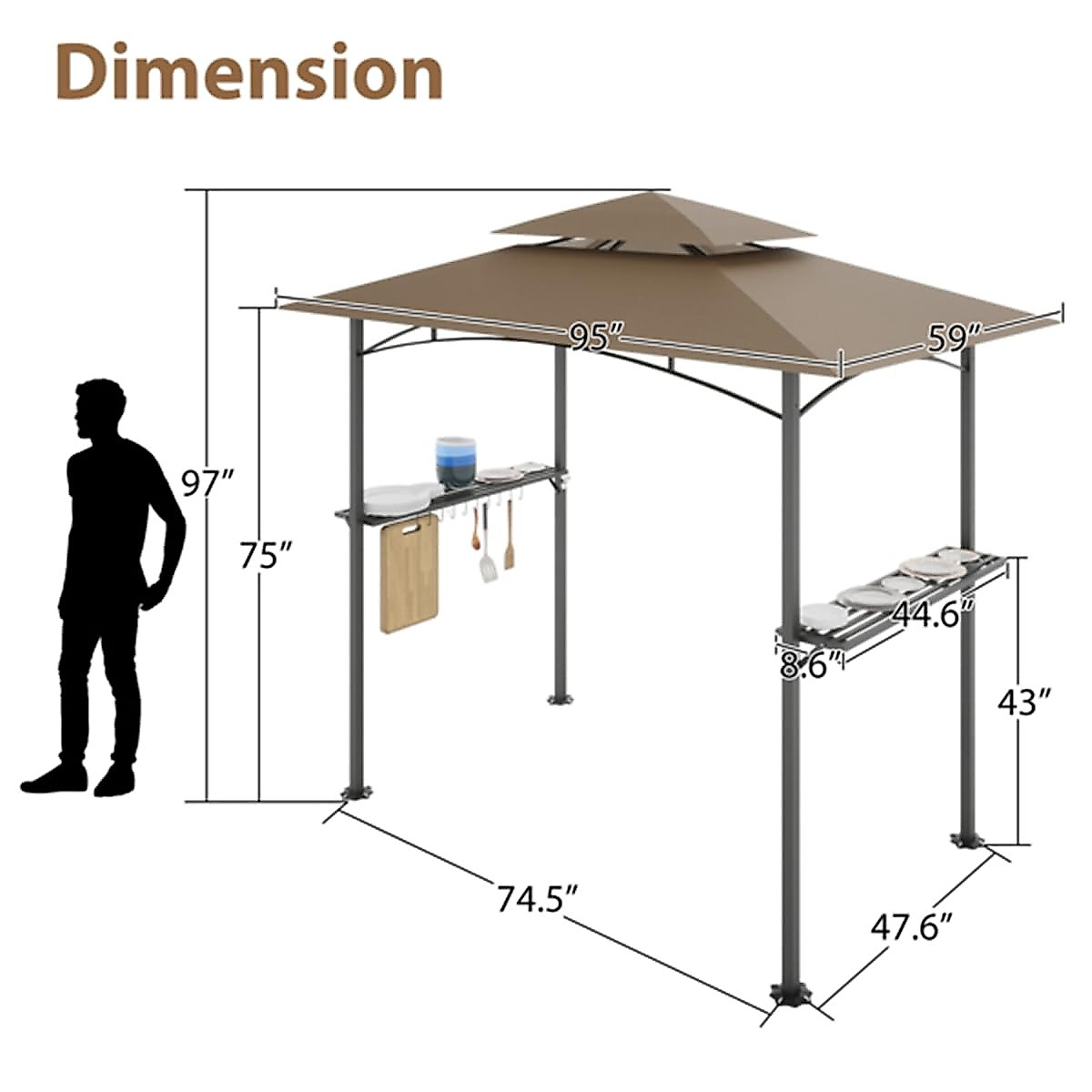 EVURU 8 x 5 FT Grill Canopy, with Air Vent Double Tiered Roof Top, Waterproof BBQ Gazebo with Rustproof Steel Frame, UV Protection Top Grill Tent Outdoor BBQ Canopy Grill Shelter for Garden Khaki
