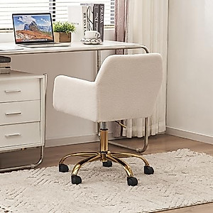 SSLine Faux Fur Vanity Chair Elegant White Furry Makeup Desk Chairs for Girls Women Modern Comfy Fluffy Arm Chair Stool with Wheels in Bedroom Living Room (G Type-White&Gold)