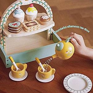 Junejour Wooden Tea Set for Little Girls 14PCS Retro Style Tea Party Set with Portable Stand Teapot Tea Cup Coasters Dessert Cake Pretend Play Tea Set for Toddlers 3-5 Years Old