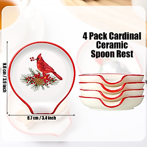4 Pcs Cardinal Christmas Spoon Rest Set Cardinal Kitchen Decor Red Ceramic Spoon Rest for Stove Top, Winter Cardinals Birds Spoon Rest Xmas Gift for Cooking Utensil Holder Kitchen Counter Decor