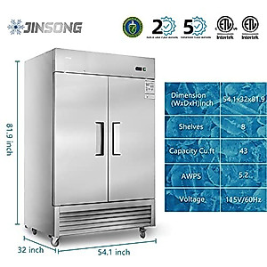 INSONG 54" Commercial Freezer, 49 cu.ft with 2 Solid Door Stainless Steel Reach-in Freezer for Restaurant, Bar, Shop, Residential