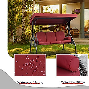 NOBLEMOOD Patio Porch Swing, 3-Seat Outdoor Swing with Adjustable Canopy, Thickened Cushion, Pillow and Foldable Side Tray for Patio, Backyard, Porch Swing Bed for Spring