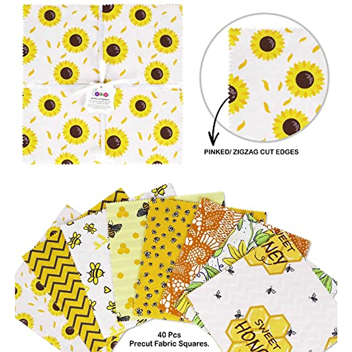 Soimoi Precut 10-inch Honey Bee Prints Cotton Fabric Bundle Quilting Squares Charm Pack DIY Patchwork Sewing Craft- White & Yellow
