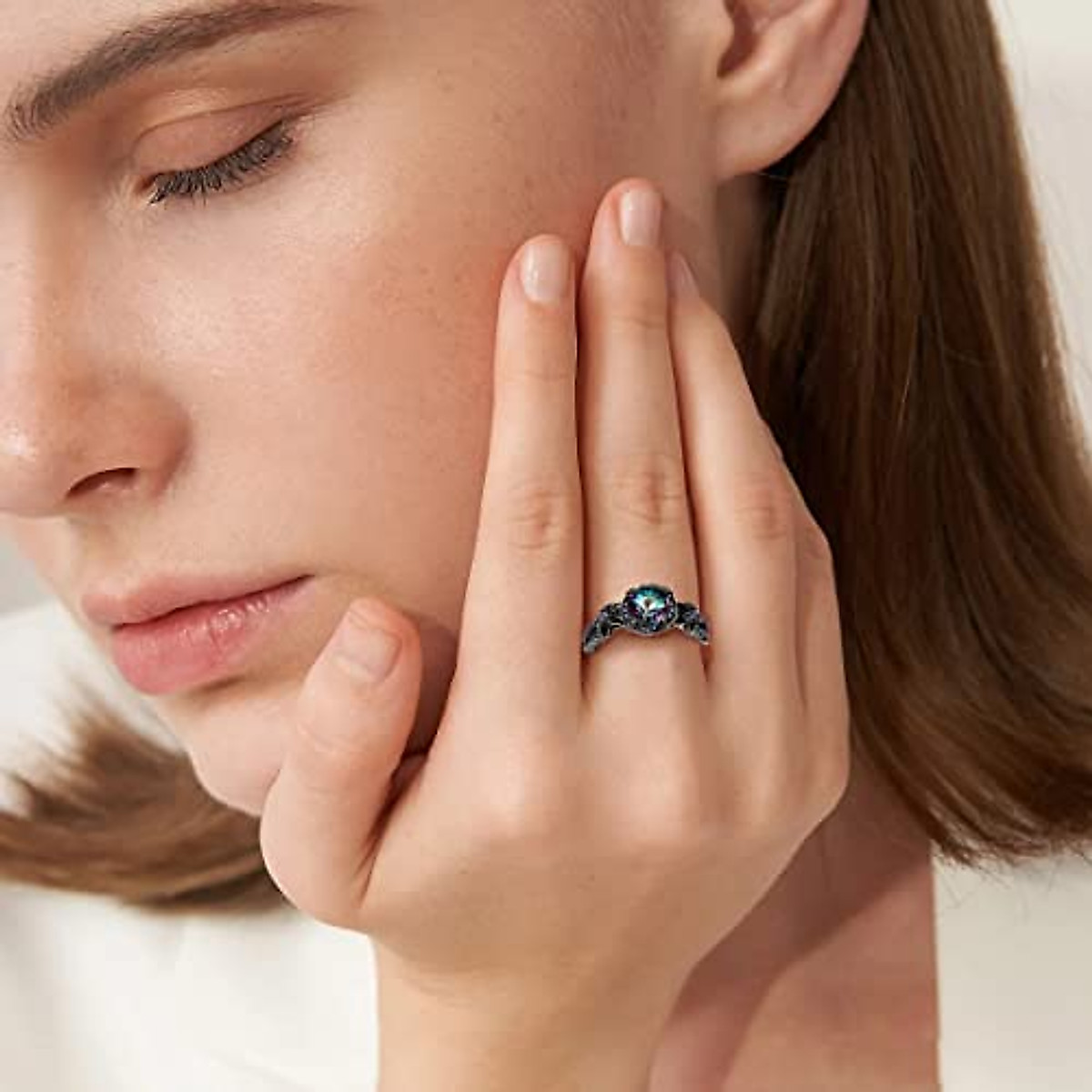 Tsnamer Gothic Black Rings for Women, Mystic Rainbow Topaz with Created Amethyst Flower Goth Black Gold Wedding Engagement Ring Size 6 to 11