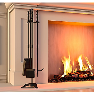 Fire Beauty Fireplace Tools Set 4 Pieces Black Wrought Iron Fire Tool Set for Outdoor/Indoor Include Poker, Shovel, Brush and Stand Accessories Set