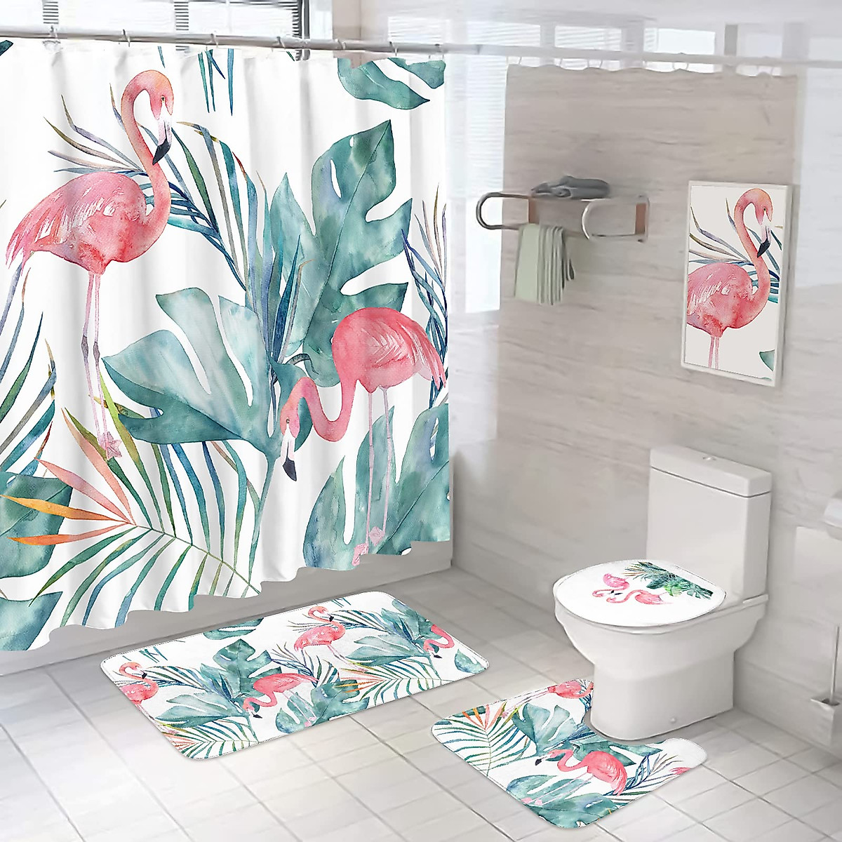 Tititex Pink Flamingo Tropical Leaves Shower Curtain Set 4PCs with Non-Slip Rugs,Toilet Lid Cover and Bath Mat,Teal Bathroom Decoration 71x71 Inch with Hooks