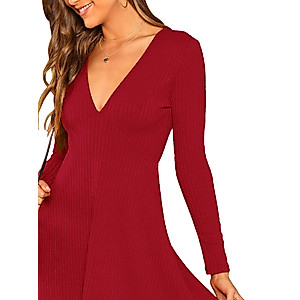 Verdusa Women's Elegant Deep V Neck Ribbed Long Sleeve Short Skater Dress Red S