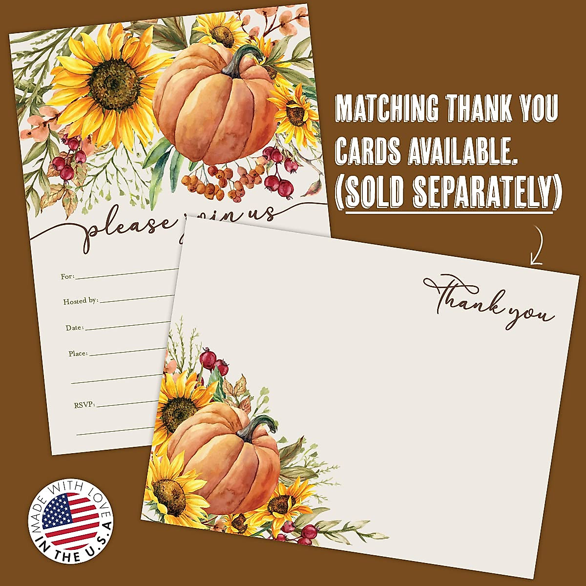 Koko Paper Co Fall Invitations with Pumpkin and Sunflowers | 25 Fill-in Invitations and 25 Bright White Envelopes | Printed on Heavy Card Stock.