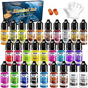 Alcohol Ink Set - 28 Bottles Vivid Colors High Concentration Metallic Alcohol Paint Resin Dye, Safe Fast Drying Effect, Alcohol Ink for Epoxy Resin, Art Painting, Glass, Tumbler Making, 10ml Each