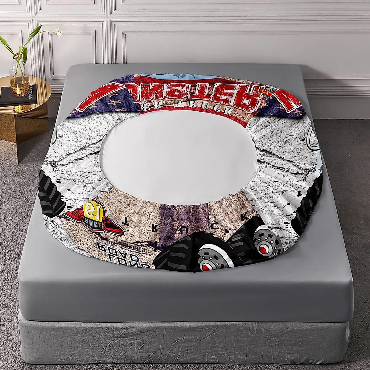 AILONEN Red Trucks Fitted Sheet Twin Size, 3D Print Monster Truck Bedding Set for Kids Boys Teen,American Flag Bed Sheet Set,Speed Race BedSheets Set,1 Fitted Sheet and 2 Pillowcases,3 PCS