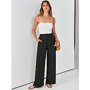 Caracilia Womens Summer Linen Palazzo Pants Wide Leg High Waist Business Casual Work Lightweight Trousers Loose Pleated Elastic Waist Dressy Pants 2024 Black Fashion Outfits with Pocket C118A3-heise-L