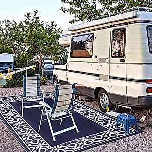 PureCozy Outdoor Plastic Straw Rug Navy Blue Waterproof Indoor Outdoor Patio Rug 5x8 Carpet Geometric Reversible Mat Modern Washable Large Outside Area Rug for Camping RV Porch Deck Balcony Beach