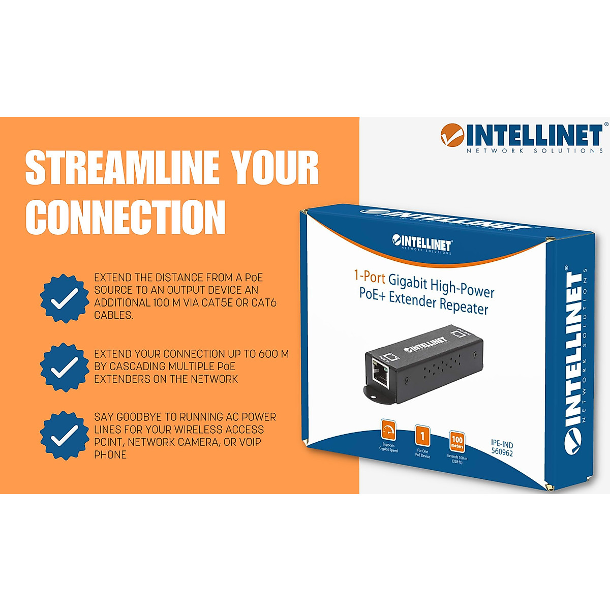Intellinet 1-Port Indoor Gigabit PoE+ Extender Repeater – 25W Power Budget via Cat5e Cat6 RJ45 Ethernet Network Cables, Daisy-Chain – 3 Yr Mfg Warranty - 560962