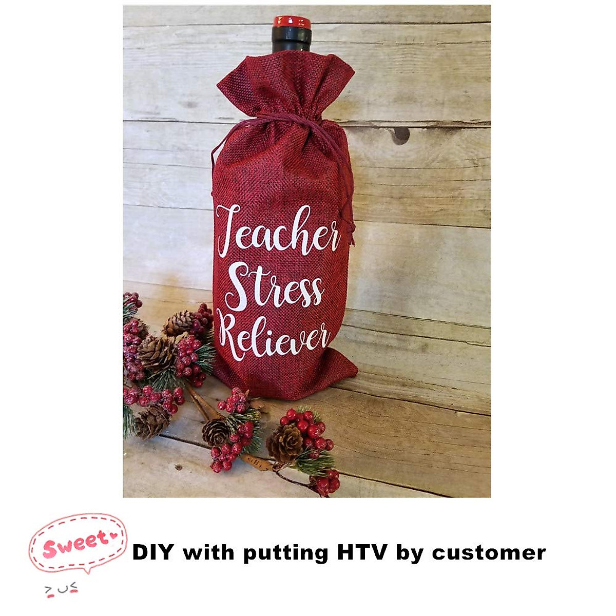 HRX Package Pack of 10 Burlap Wine Bags with Drawstring for Christmas, 14 x 6 1/4 inches (Red)