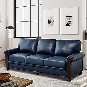 HULALA HOME 81'' Faux Leather Sofa with Nailhead Trim and Wood Decor Rolled Arms, Modern Living Room 3-Seater Couch, Navy Upholstered Couch with Removable Backrest for Bedroom Apartment