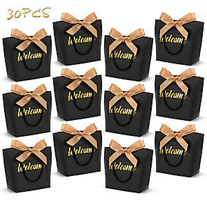 30 Pieces Welcome Bags Wedding Gift Bags Hotel Guest Wedding Treat Candy Boxes with Bow Ribbon Handle Party Favors Bags for Birthday Baby Shower Business Celebration Present (Black)