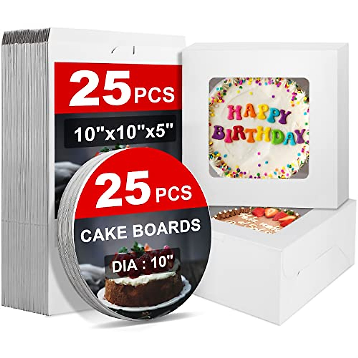ZENOWICK Cake Boxes Set (50 Pcs, 25 Boxes & 25 Boards) White 10x10x5 Inches Tall Cake Boxes with Window,Boxes with Round Cake Boards for Christmas, Birthday Party, Valentine's Day,Pastries, Cookies