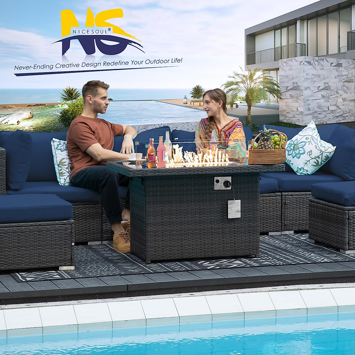 NICESOUL® Large 9 Piece Outdoor Patio Furniture Set with Fire Pit Table,29.3'' High Back Rattan Modular Sectional Sofa Set with Natural Gas/Propane Firepit Navy,2 Colors Cushions
