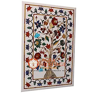 White Marble Inlay Top Dining Stone Table Top Tree Floral Inlay Arts Decorative Furniture