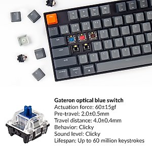 Keychron K8 87 Keys Tenkeyless Hot-swappable Wireless Mechanical Keyboard, Multitasking, Type-C Wired, White LED Backlight Bluetooth Gaming Keyboard for Mac Windows with Gateron Optical Blue Switch
