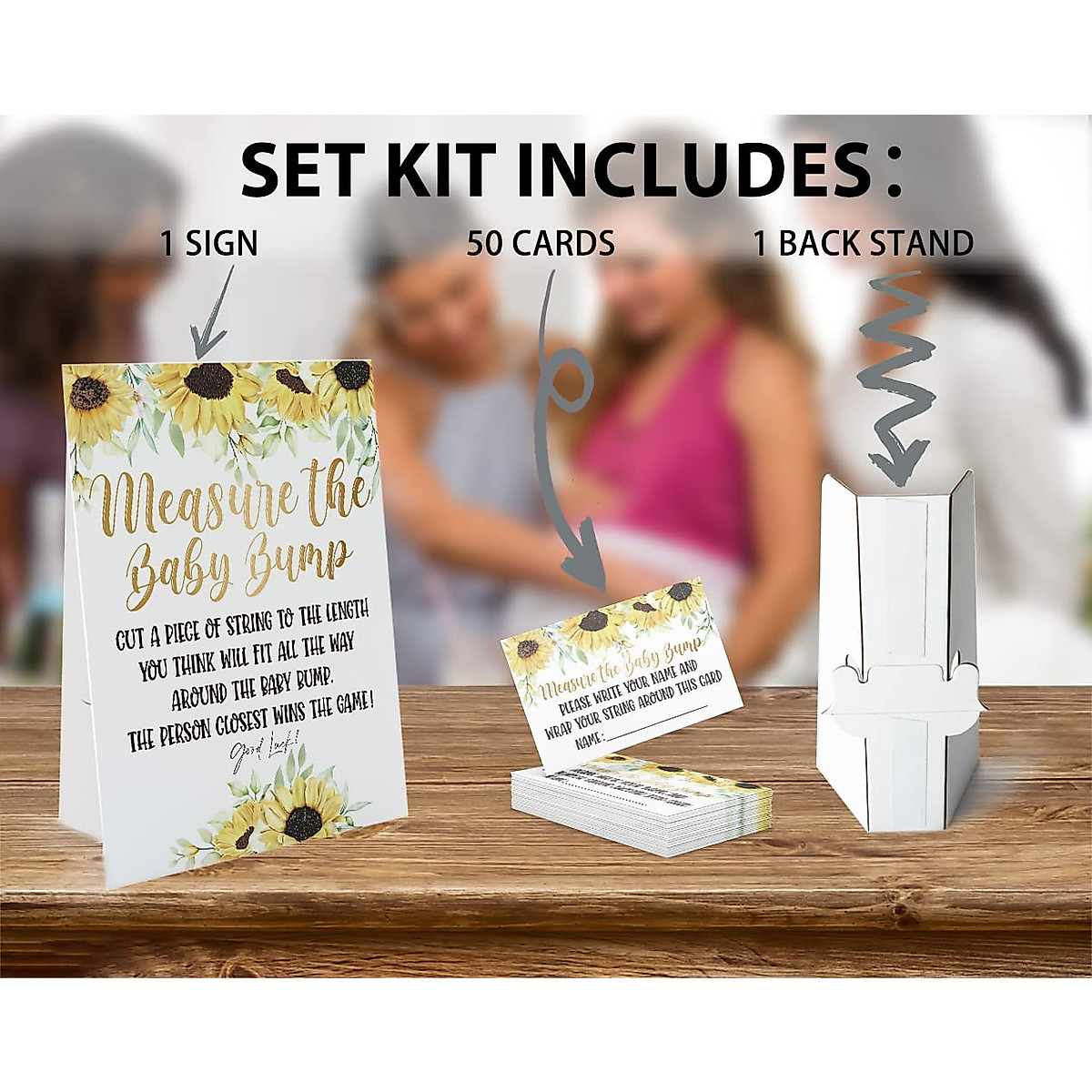 How Big is Mommys Belly Game, Measure Mommy's Belly Sign(Sign 8x10 Inch), Sunflower Theme Baby Shower Games, Baby Showers Decorations, 1 Standing Sign + 50 Guessing Cards(bump24)