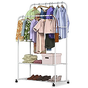 Moclever Clothing Rack with Wheels, Double Rod Garment Rack Rolling Rack for Indoor Bedroom Clothes Rack, Hanging Clothes, Storage Display, White