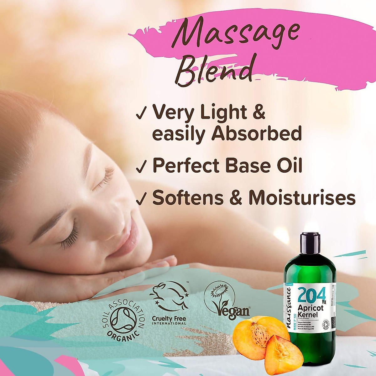 naissance Certified Organic Apricot Kernel Oil 16 fl oz - Pure Natural Cold Pressed Vegan, Hexane Free, No GMO - Ideal as a Massage Base Oil - Moisturizes & Conditions Hair & Skin